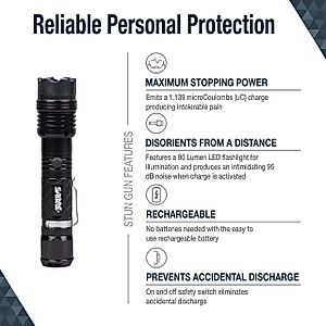 SABRE 2-in-1 Stun Gun with Flashlight and Belt Holster, Emits 1.60 Powerful Pain Inducing Microcoulombs (µC) Charge, 120 Lumen LED Flashlight, Rubberized Grip, Compact Design, Rechargeable
