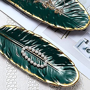 Organizer Tray Feather Trinket Dish Ceramic Jewelry Dish Organizer Vanity Dressers Tray for Bathroom Closets Tray Desk Ornate Jewelry-Green