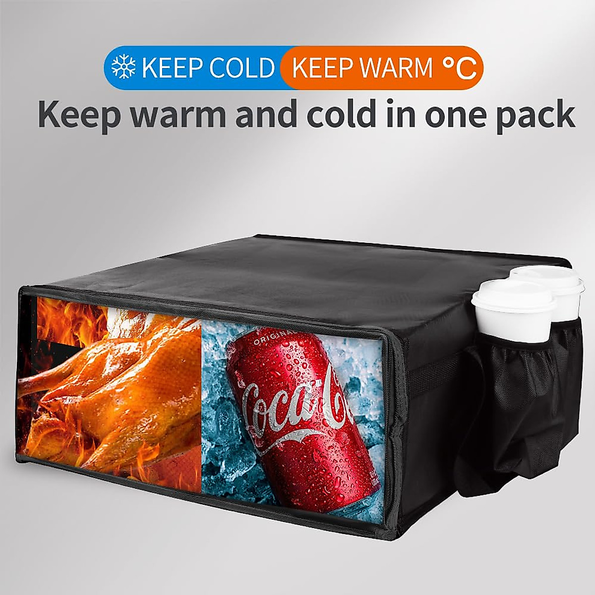 Bodaon Insulated Pizza Delivery Bag with 4 Cup Holder, 20"x20"x8" Pizza Bags for Delivery, Pizza Pack, Pizza Warmer Bags for Carry Hot Food Delivery, Insulated Grocery Bags (Black, 1-Pack)