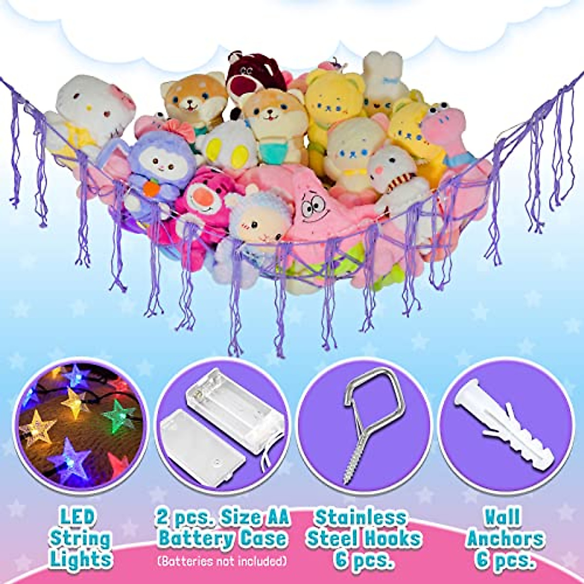 Stuffed Animal Hammock Storage with lights, 2 Pack Hanging Plush Net Hammock for Dolls, Teeniewins Wall Corner Net Holder with Dual Mode Star Light, Jumbo Toys Hammock for Nursery, Bedroom Decor