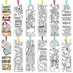 3sscha 75Pcs 100th Day of School Color Your Own Bookmarks for Kids DIY Coloring Blank Bookmark Including Pencil Alarm Clock Books Ruler Painting Paper Bookmark Class Party Supplies Goodie Bag Fillers