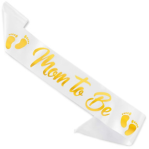 CORRURE Baby Shower Sash for Boy or Girl - 'Mom to Be' Sash With Beautiful White Ribbon and Gold Foil Text - Ideal Gender Reveal, Baby Shower, Welcome Baby, Mom to Be or Baby Sprinkle Gift