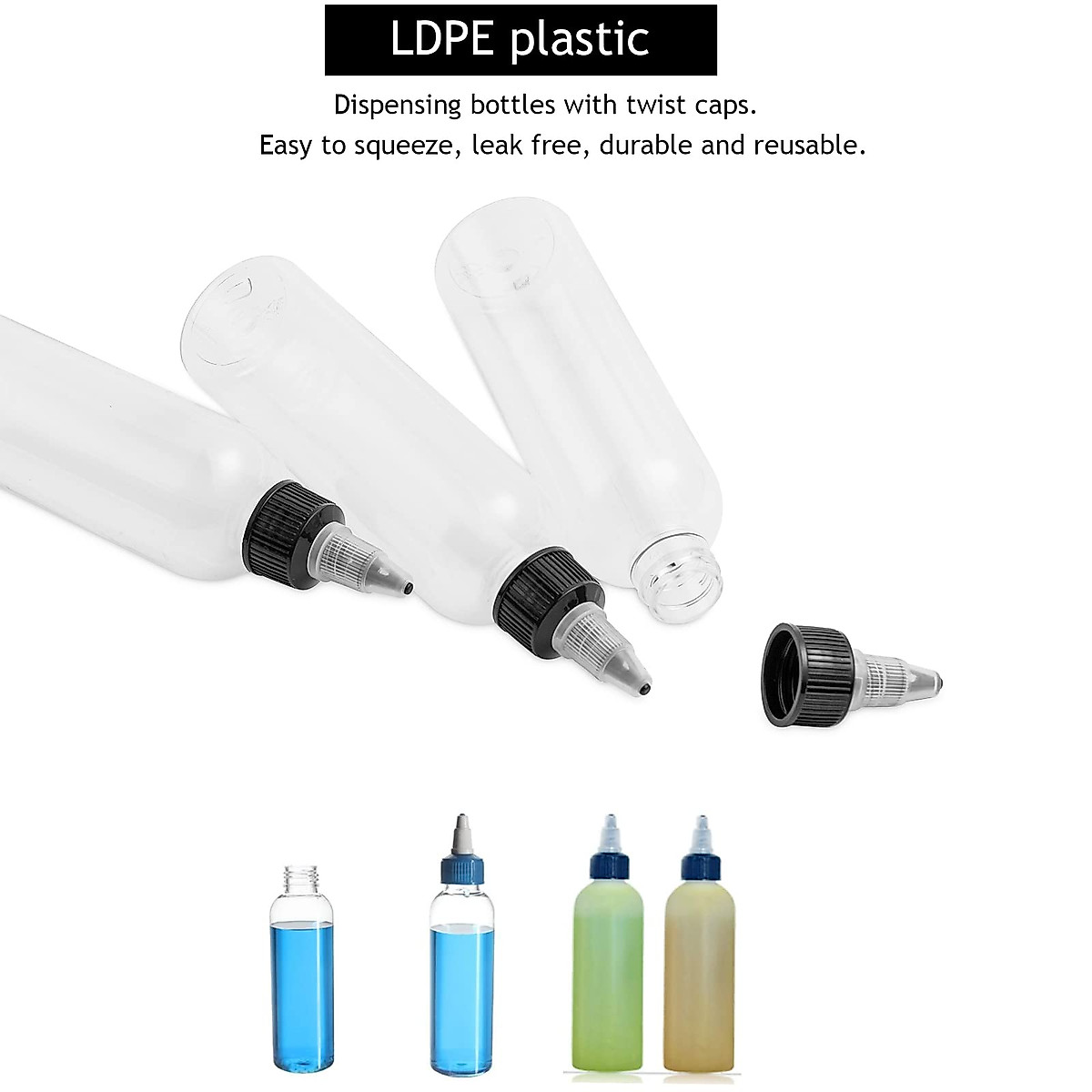 36 Pack Clear Dispensing Bottles, 4oz Round Plastic Squeeze Bottle with Twist Top Caps,Food Grade Household for Oils, Liquids, Inks, Crafts, Kitchen