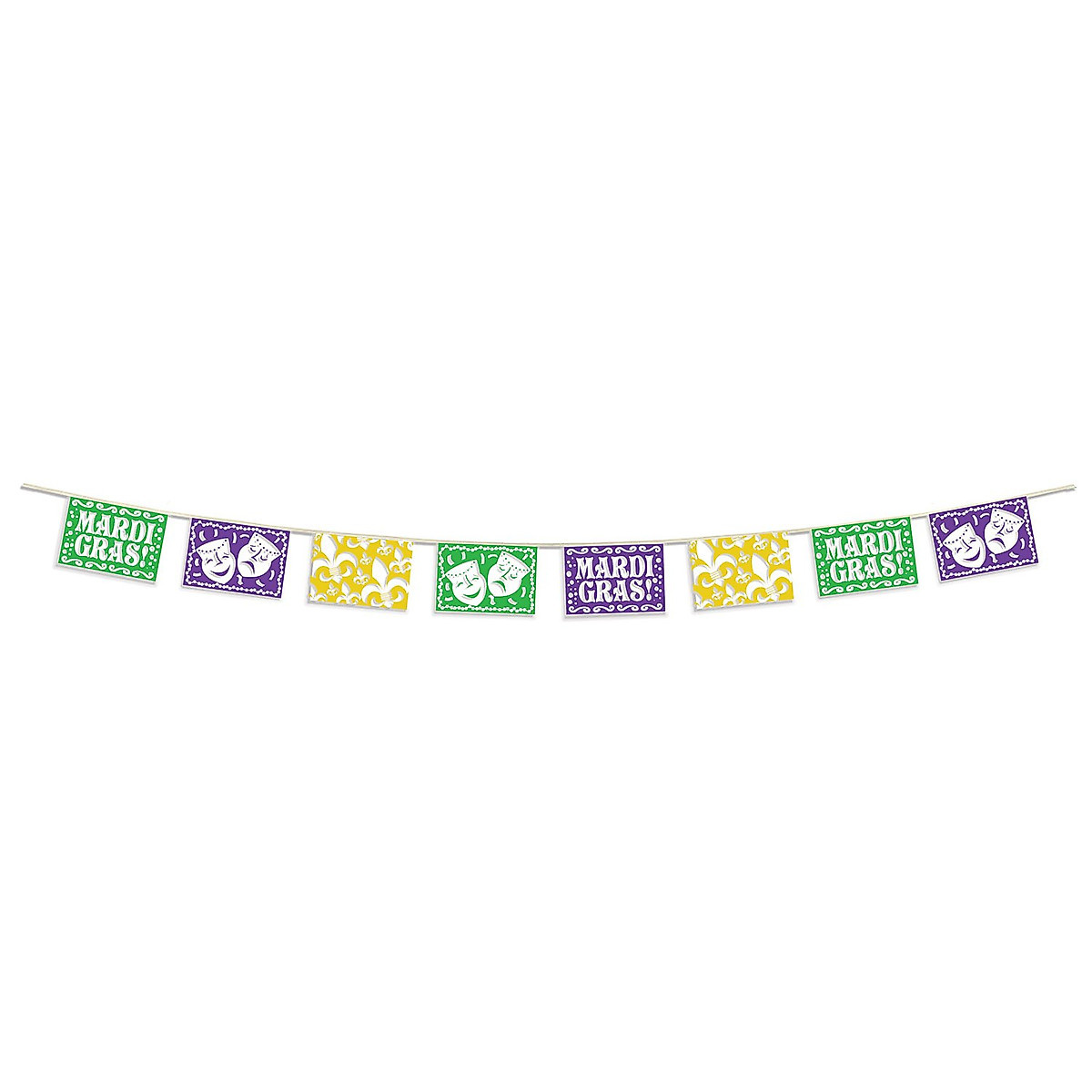 Beistle Weather Plastic Picado Style Pennant Banner Mardi Gras Photography Background Party Decorations New Orleans Hanging Décor, 8" x 12', Green/Yellow/Purple