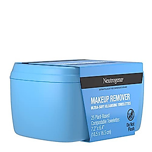 Neutrogena Makeup Remover Facial Cleansing Towelettes, Daily Face Wipes Remove Dirt, Oil, Sweat, Makeup & Waterproof Mascara, Gentle, Soap- & Alcohol-Free, 100% Plant-Based Cloth, 25 ct