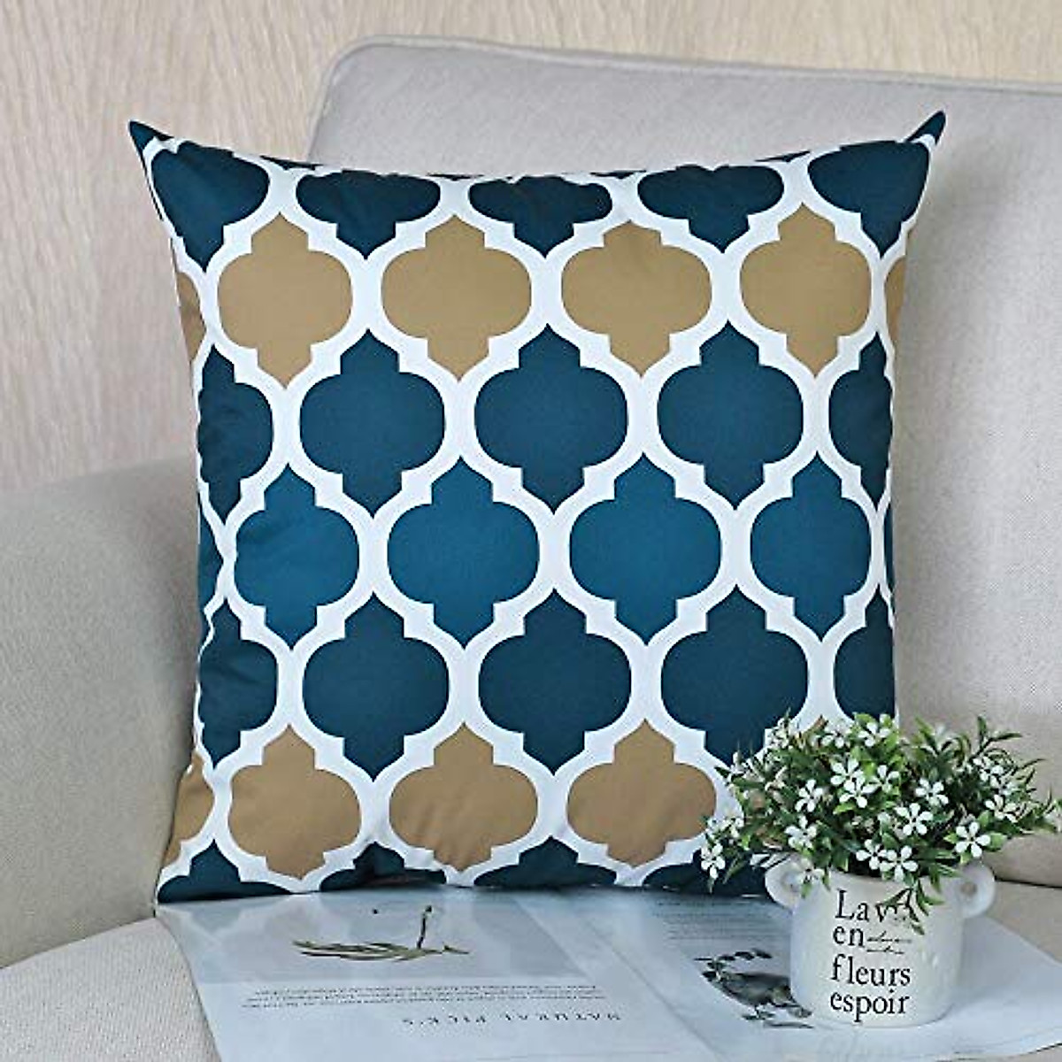 Andreannie Pack of 4 Blue Outdoor Waterproof Decorative Throw Pillow Cover Cushion Case for Garden Patio Tent Park Farmhouse Polyester Both Sides Printing Square 18 x 18 inches ¡ (Set of 4 Blue)
