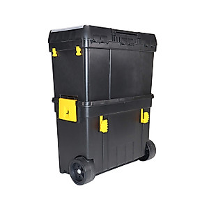 Erie Tools Portable Rolling 2-Tiered Organizer Storage Box with Foldable Auto-Locking Handle and Detachable Storage Compartment for Crafts Toys Fishing Tools