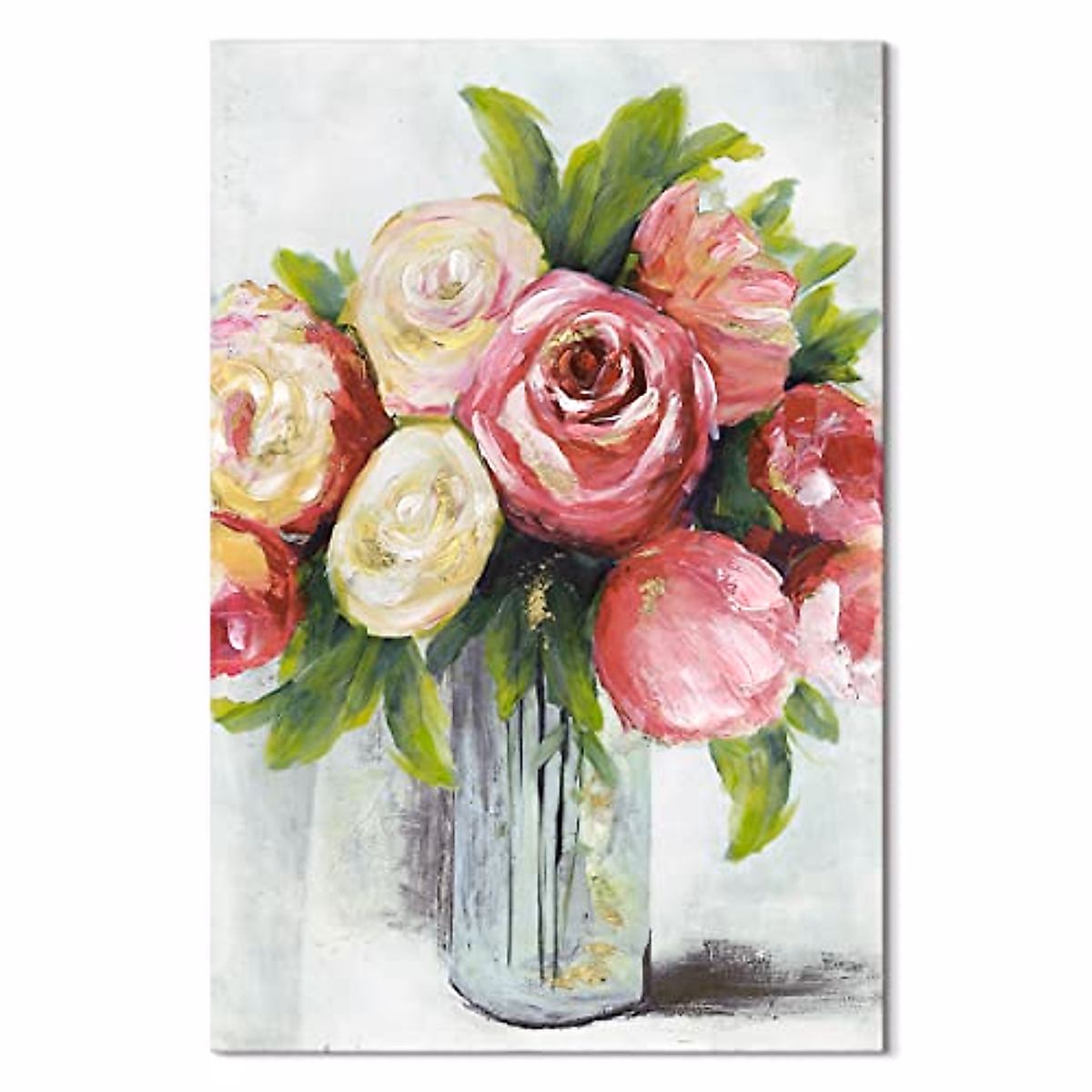 Yuegit Flower Pictures for Living Room Wall Decoration, Pink Floral Canvas Paintings Wall Art Green Plant Botanical Wall Art Framed for Bedroom Wall Decor Ready to Hang 24X36 Inch