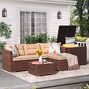 JOIVI Patio Furniture, Small Sectional Sofa Set with Storage Box, Outdoor Patio PE Rattan Conversation Set, All Weather Brown Wicker Couch with Cushions and Tempered Glass Coffee Table, Beige