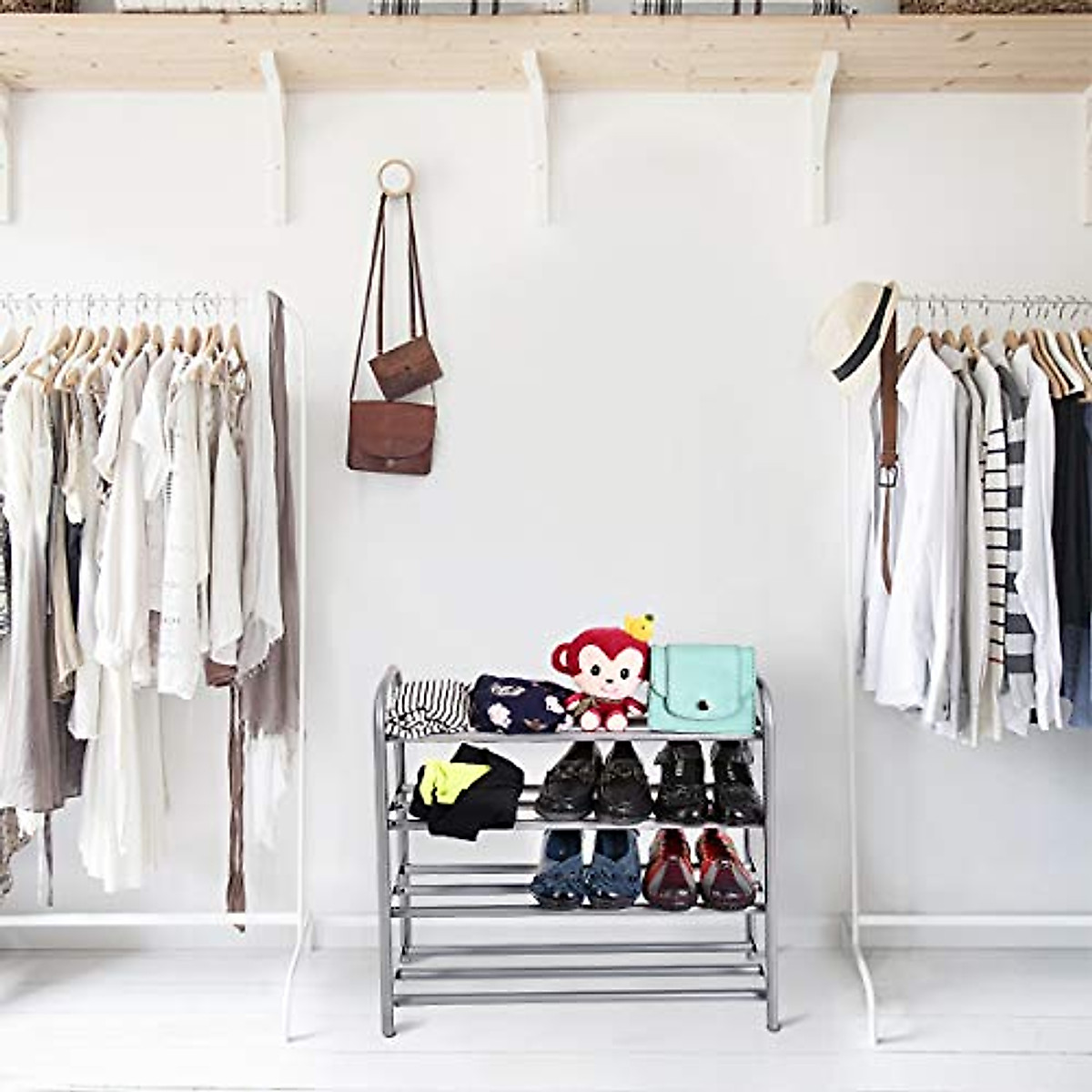 GEMITTO Shoe Rack Organizer for Closet Entryway, 4 Tiers Adjustable Heavy Duty Metal Shoe Storage Shelf, Large Enough for 20+ Pairs of Shoes (23.6"~41.7"x8.9"x24.2")(Silver)