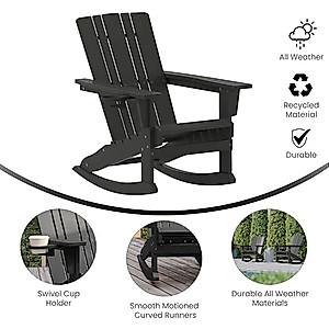 Flash Furniture Halifax Adirondack Rocking Chair with Cup Holder, Weather Resistant Poly Resin Adirondack Rocking Chair, Black