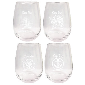 R and R Imports Cape May New Jersey Souvenir 9 Ounce Laser Engraved Stemless Wine Glass Nautical Designs 4-Pack
