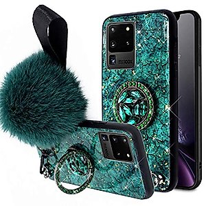 Aulzaju for Samsung S21 Ultra Case Bling Diamond Sparkle Marble Bumper Cover with Ring Kickstand Cute Glitter Rhinestone Fluffy Ball Wrist Strap Girl Woman Phone Case for Galaxy S21 Ultra (Green)