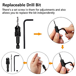 MulWark 82° Countersink Drill Bit Set incl. 5pcs Free Replaceable HSS Drill Bits for Wood｜3/8" Quick-Change -Chamfered Adjustable Drilling Tool Kit on Pilot Counter Sink Holes for Woodworking- 5 Pack