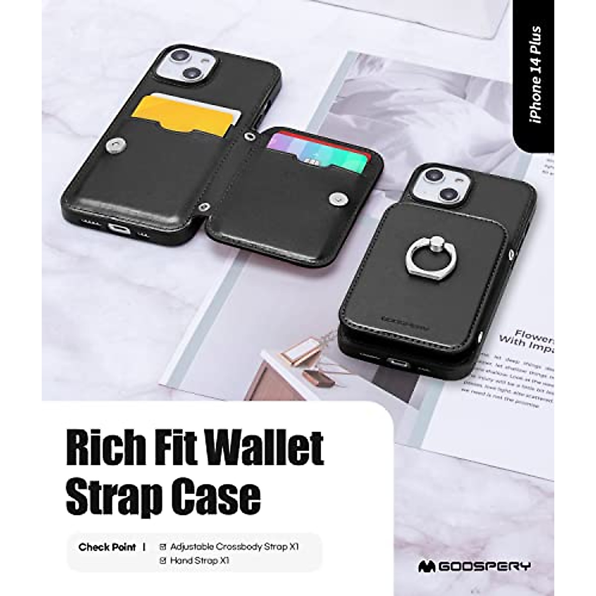 GOOSPERY Rich-Fit iPhone 14 Plus Crossbody Wallet Case for iPhone 14 Plus Case [Strap Included] with Card Holder Lanyard Magnetic Clasp [Kickstand Ring] Heavy Duty Protection, Black