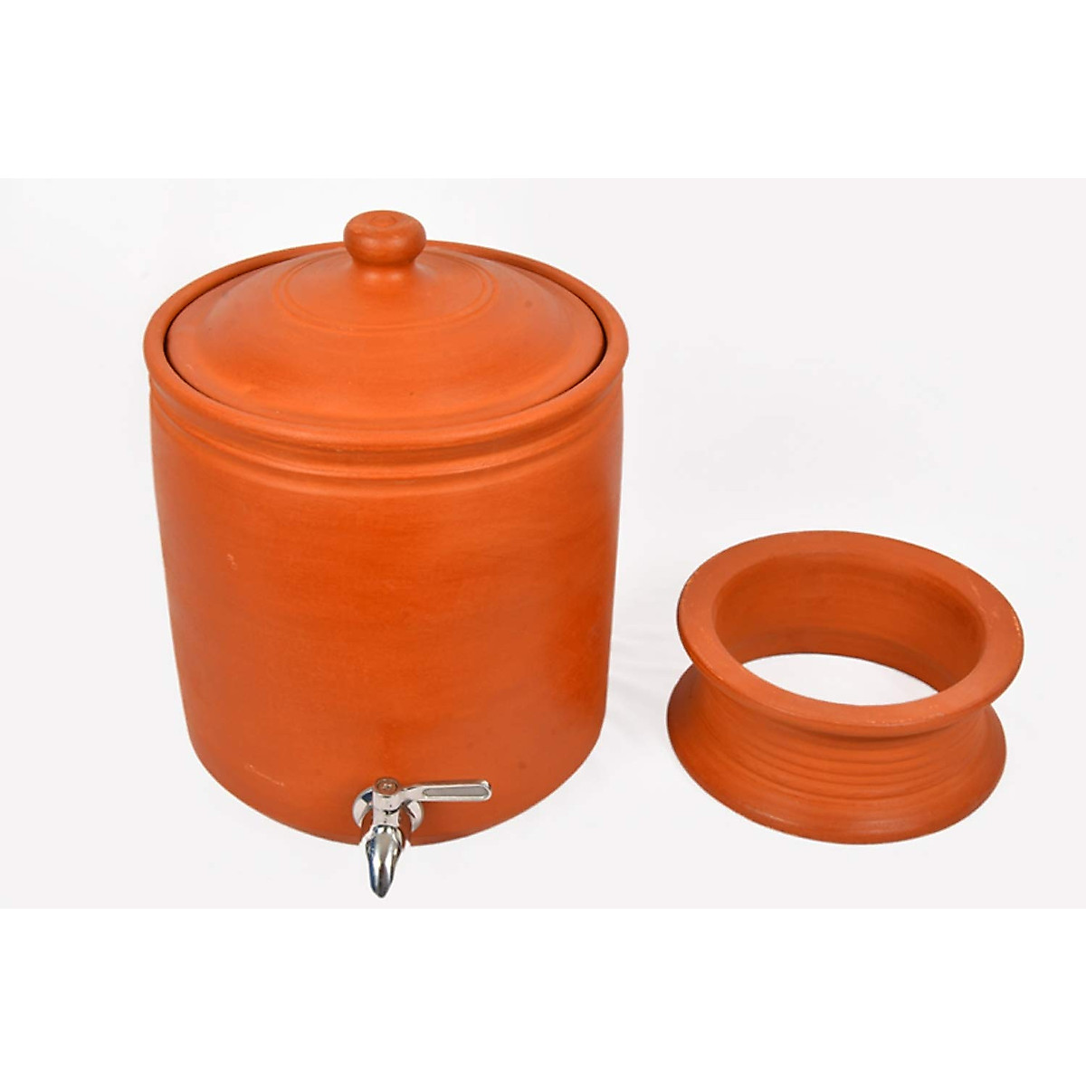 Village Decor Handmade Earthen Clay water pot | Water Dispenser Includes Clay Lid, Glass and Stand, Wooden Coaster and Stainless Steel Faucet. Capacity 7000 ml 236 oz.