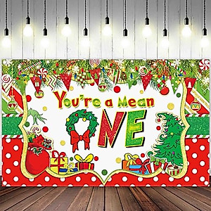 Swepuck 72x43inch Fabric You're a Mean one Merry Grinchmas Backdrop Christmas Red and Green Photography Background Xmas Party Decorations for 1st Birthday Baby Photo Banner