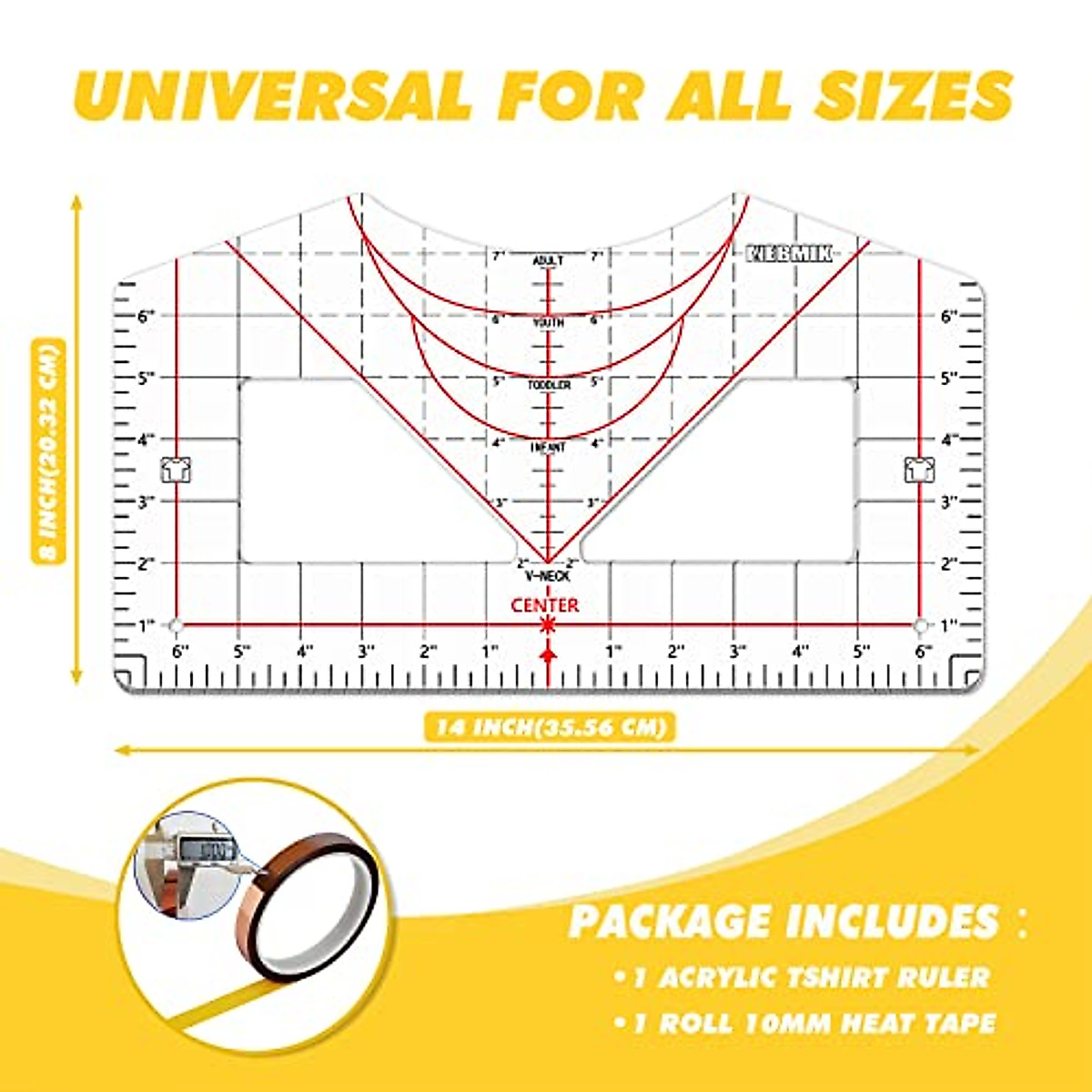 Tshirt Ruler Guide for Vinyl Alignment,T Shirt Ruler to Center Design,Tshirt Measurement Tool with Heat Tape ,Sublimation,Heat Transfer,Acrylic Ruler for All Size,Heat Press Accessories