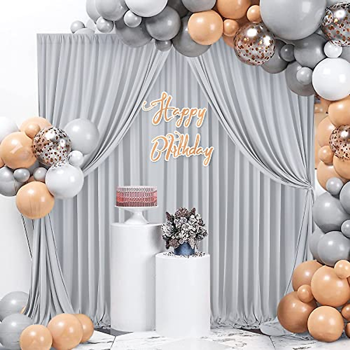 NSSONBEN Wrinkle Free 30ft×10ft Silver Grey Backdrop Curtain for Party Wedding 6 Panels 5ft×10ft Silver Grey Polyester Curtain for Backdrop Drapes Deco Birthday Baptism Photography Home