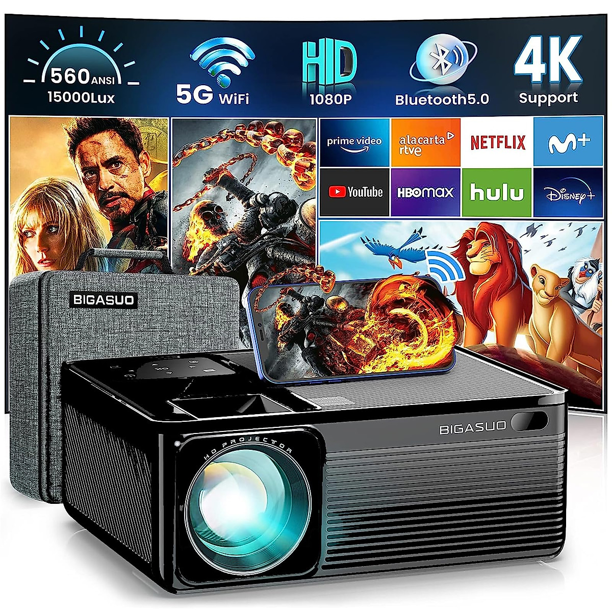 Projector with 5G WiFi and Bluetooth - BIGASUO 540 ANSI Native 1080P Outdoor Movie Projector 4k Support, Home Video Projector Support 200"/Zoom/HiFi, Compatible with HDMI/USB/TV/iOS&Android