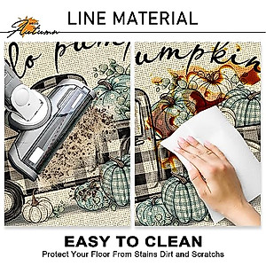 Tailus Hello Pumpkin Teal White Fall Kitchen Rugs Set of 2, Blue Autumn Plaid Check Truck Kitchen Mats Decor, Farmhouse Thanksgiving Floor Door Mat Home Decorations - 17x29 and 17x47 Inch