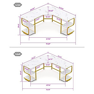 Teraves Modern L Shaped Desk with Shelves,64.84" Computer Desk/Gaming Desk for Home Office,Corner Desk with Large Desktop (White Marbling+ Gold Frame, Large+4 Tier Shelves)
