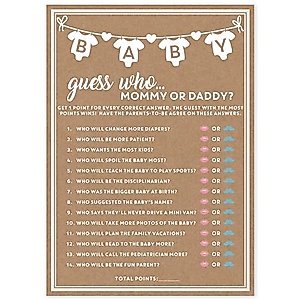 Party Hearty Baby Shower Games for Girl or Boy, 50 pcs Mommy or Daddy Guess Who Game, Fun Activity Cards, Gender Neutral, Baby Shower Ideas