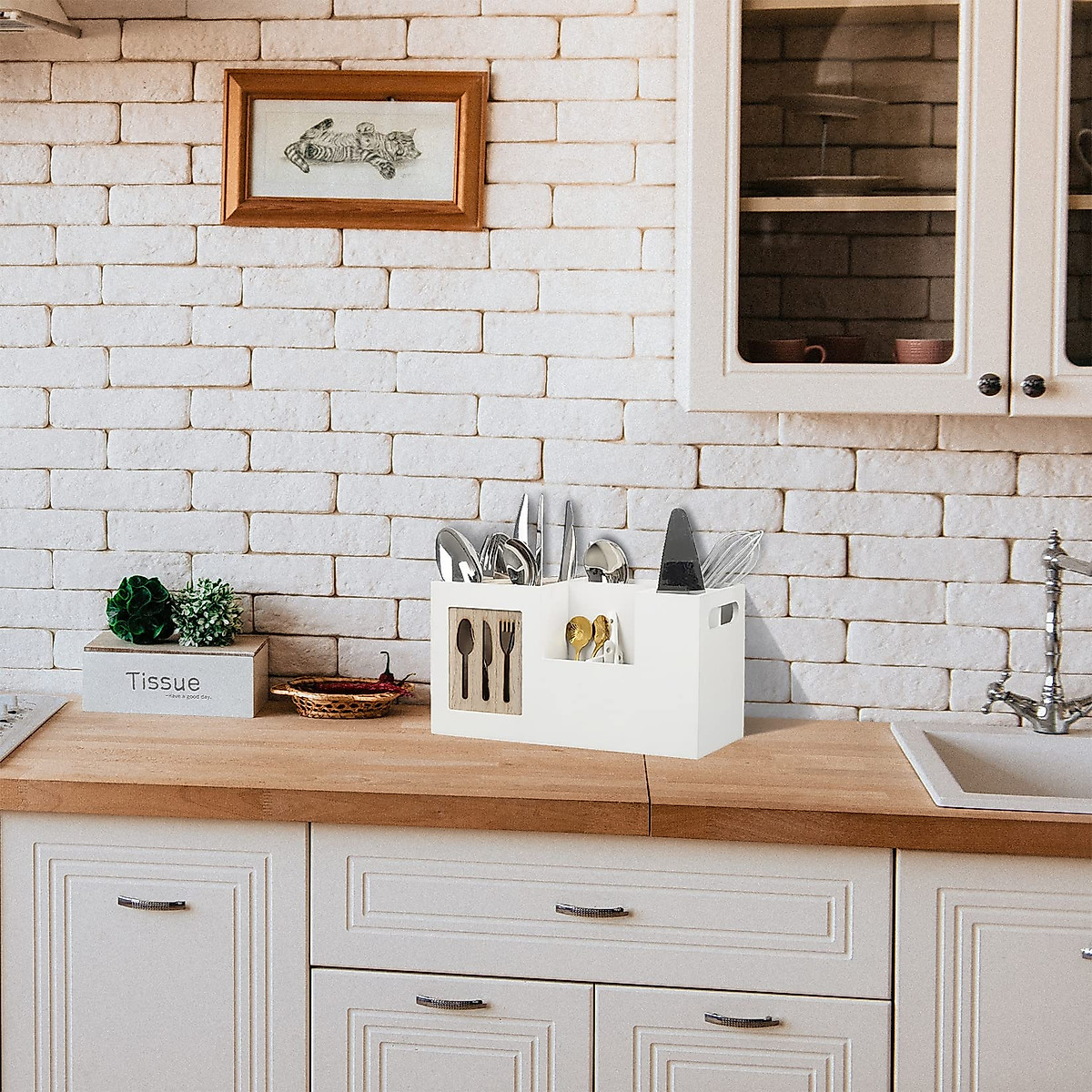 CBEYNCHOS Wooden Utensil Holder Cutlery Caddy,Flatware Organizers for Forks Spoons Knives Cooking Tools,Large Capacity,Kitchen Table Decor for Party Bar and Home use (Simple White A)