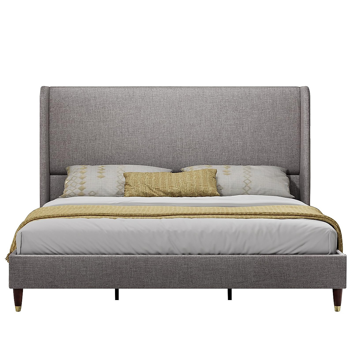 PaPaJet Queen Platform Bed Frame 51.2" High Headboard Linen Tall Upholstered Bed/No Box Spring Required/Wood Slat Support/Easy Assembly Light Grey