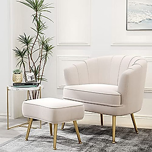 Andeworld Velvet Accent Chair with Ottoman, Upholstered Modern Single Sofa Side Chair,Comfy Barrel Club Living Room Armchair with Golden Metal Legs for Bedroom Living Reading Room Office, Beige