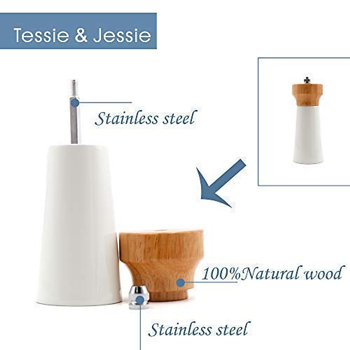 Salt and Pepper Grinders White Salt Shaker Wooden Pepper Salt Grinder Set Pepper Mill - Stainless Ceramic Refillable for Sea Salt Black Pepper - 5" And 6" Christmas Gift Set By Tessïe & Jessïe