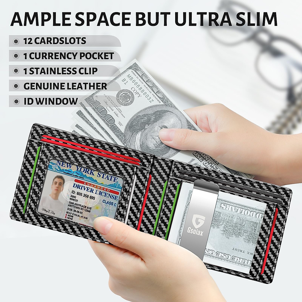 GSOIAX Slim Leather RFID Bifold Wallet for Men with Money Clip and 12 Credit Card Holders - Minimalist Front Pocket Wallet with ID Window, Cool Groove Design (Carbon Black)