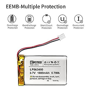 EEMB Lithium Polymer Battery 3.7V 1800mAh 963450 Lipo Rechargeable Battery Pack with Wire JST Connector for Speaker and Wireless Device- Confirm Device & Connector Polarity Before Purchase(1)