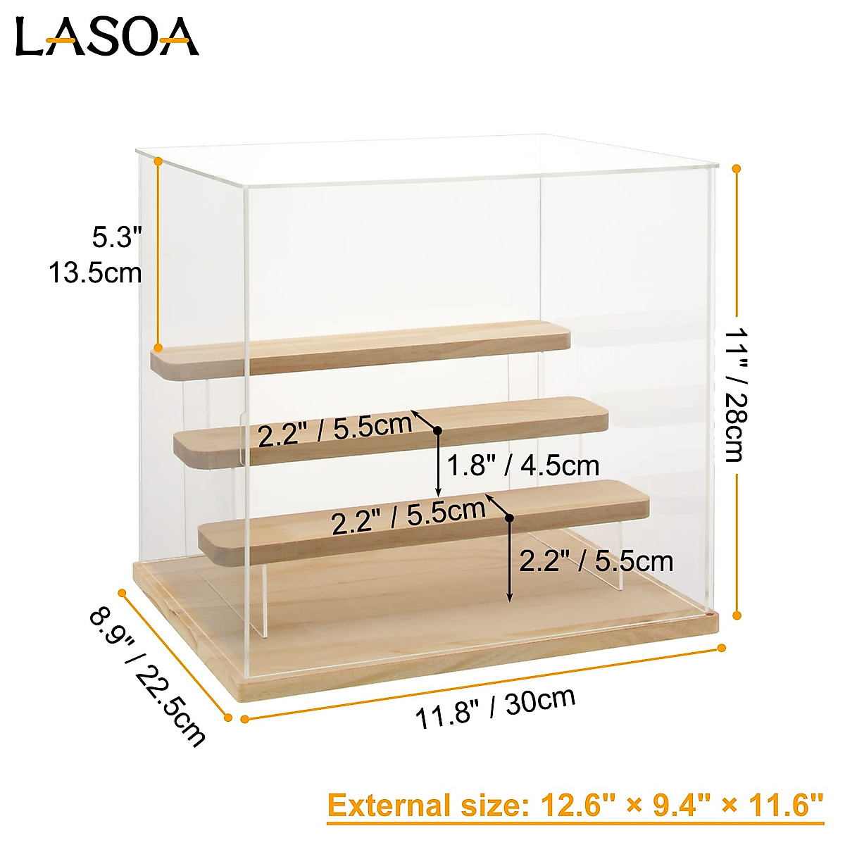 LASOA 4 Tier Acrylic Display Case for Collectibles, Alternative Glass Display Box with Wood Base and Lid, Self-Assembly Clear Shelf Showcase for Figurine Memorabilia (11.8x8.9x11inch; 30x22.5x28cm)