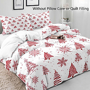 LUVIVIHOME 3PCS Red Christmas Tree Snowflake Duvet Cover Queen Bedding Set, White Duvet Cover, Winter Holiday New Year Christmas Comforter Bedspread Bed in A Bag Quilt Cover, Xmas Gifts 2 Pillow Cases