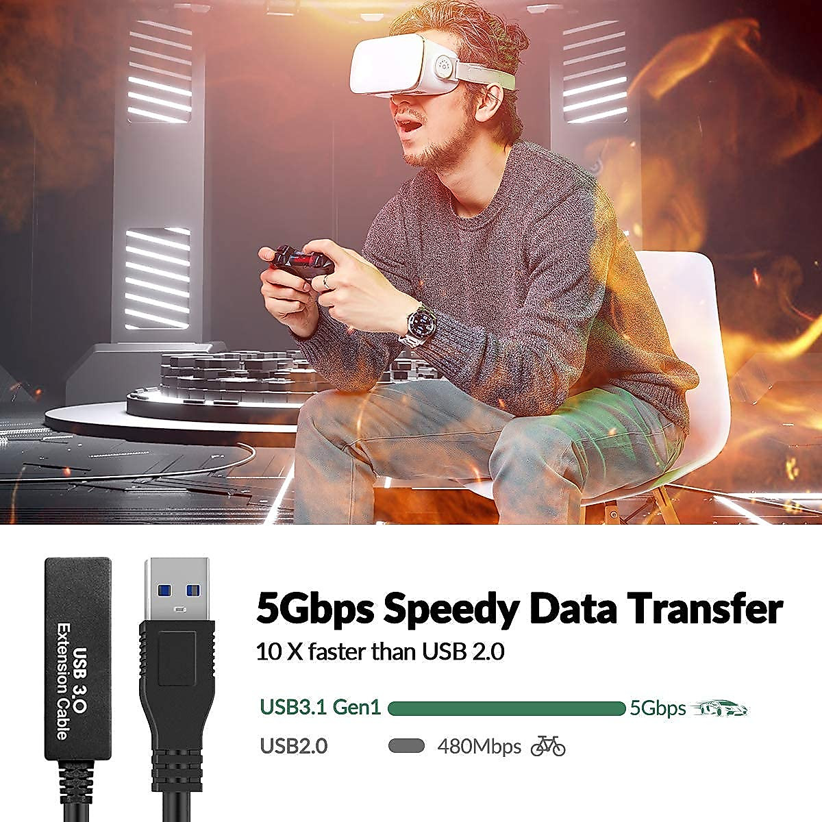 50FT USB 3.0 Extension Cable,Active USB 3.0 Extension Cable A-Male to A-Female,USB 3.0 Extension Cord,with 5V/2A Power Adapter,Compatible Oculus Quest 2 VR, Xbox, PS4 and More, (Black-50Feet)