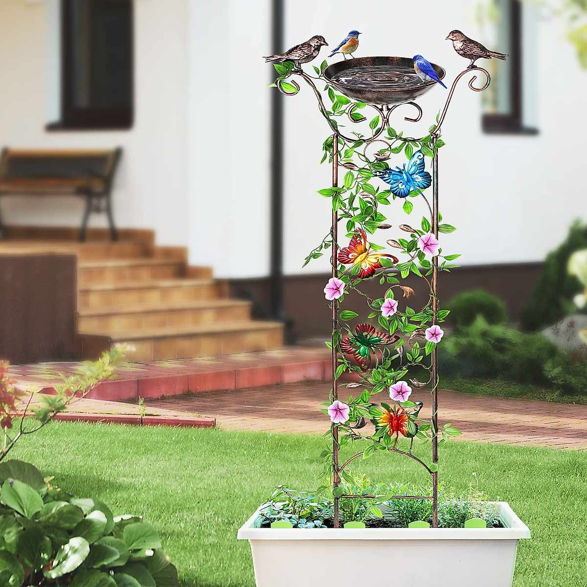 Desgully Bird Bath with Garden Trellis for Climbing Plants Outdoor, with Decorative Butterflies Free Standing Detachable Bird Feeder Bowl Bird Baths for Outdoors Antique Iron