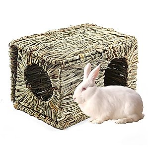 Fuaier Large Grass House for Rabbit Guinea Pig Hamster Chinchilla and Small Animals. Hand-Woven Safe and Comfortable Foldable Playhouse for Laying or Sleeping
