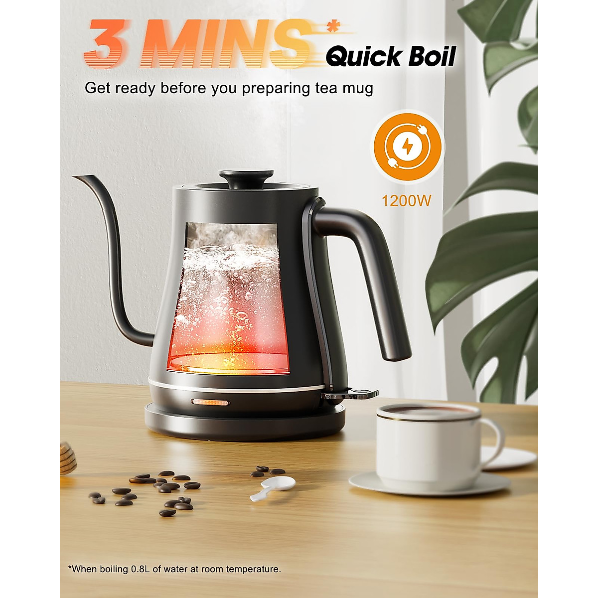 Ulalov Electric Gooseneck Kettle Ultra Fast Boiling Hot Water Kettle 100% Stainless Steel for Pour-over Coffee & Tea, Leak-Proof Design, Auto Shutoff Anti-dry Protection, 1200W-0.8L, Matte Black