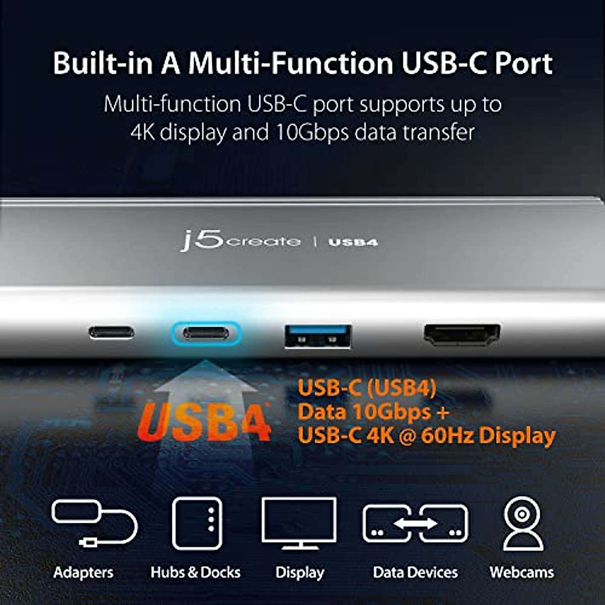 j5create USB4 Dual 4K Multi-Port Hub -5 in 1 USB4 Hub with PD 85W, Dual 4K Display, DisplayPort 1.4, USB-A, USB-C Ports | for Macbooks, Windows Laptops, Thunderbolt 3/4, and USB4 Devices (JCD401)