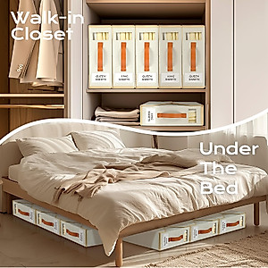 Yecaye 6 Pack Sheet Organizers and Storage, Bed Sheet Organizer for Linen Closet, Foldable Sheet Set Organizer with Clear Window and Label (Queen & King Size), Bedding Storage Box Container, Beige