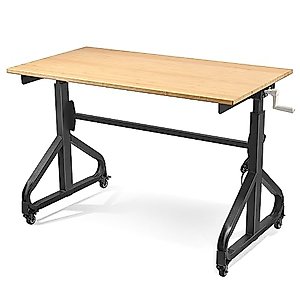 BMJX 43.3” Work Benches for Garage Height Adjustable Work Table with Crank Handle & Casters, Heights from 30” to 41.3”, Wooden Top Workbench for Workshop, Office, Home
