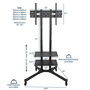 VIVO Mobile TV Cart for 32 to 83 inch Screens up to 110 lbs, LCD LED OLED 4K Smart Flat, Curved Panels, Rolling Stand, Dual Laptop Shelves, Locking Wheels, Max VESA 600x400, Black, STAND-TV01B