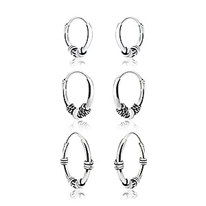 Hoops & Loops 925 Sterling Silver 10mm,12mm, 14mm Balinese Beaded Rope Lightweight Endless Hoop Earrings for Teen Girls Women Men, 3 Pairs Silver