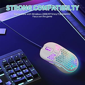 LETGOALL Lightweight Honeycomb Gaming Mouse, High Precision 7200DPI Optical Sensor, RGB Backlight, Wired, Ergonomic USB Computer Mouse for PC, Mac, Laptop (White)