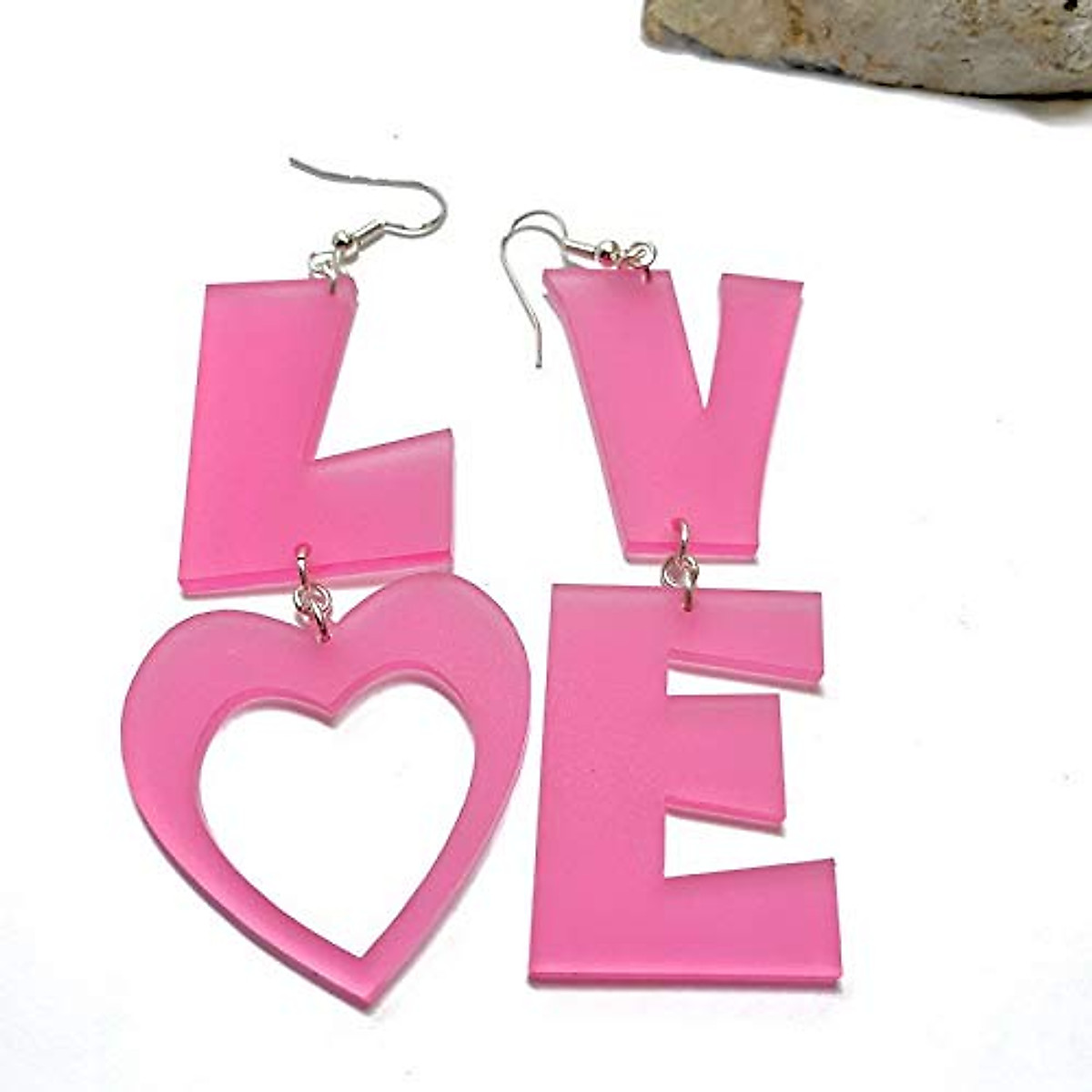 Letters Love Dangle Earrings Love Heart Pink Acrylic White Silver Metal Hoop Fashion Earrings for Women-Pink Acrylic