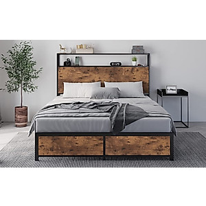 Queen Bed Frame with 2-Tier Storage Headboard, Platform Bed Frame Queen Size No Box Spring Needed, Metal Bed Frame Queen with Heavy Duty Steel Slats, Underbed Storage Space, Noise Free, Dark Brown