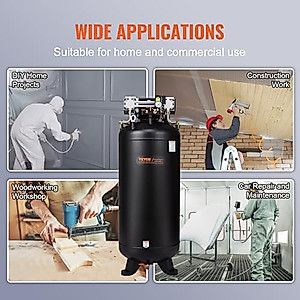 VEVOR 80 Gallon Air Compressor, 6.5HP 15.5SCFM@90 PSI, 2-Stage 145PSI Oil Free Stationary Compressor Tank, 86dB Quiet Compressor for Industrial Manufacturing, Workshops (220V/60Hz Single-Phase Power)