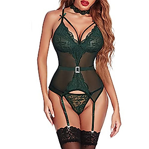 Avidlove Womens Lingerie Sexy Bodysuit with Garter Belt Lace Teddy Lingerie No Stockings (Dark Green, M)
