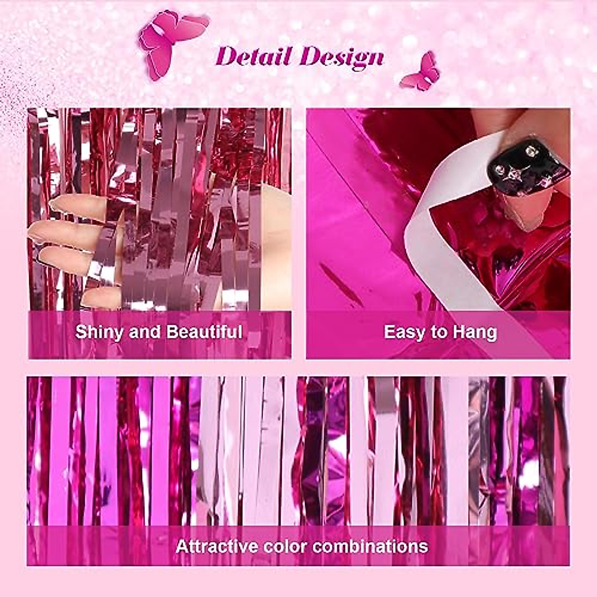 4 Pack 3.3×6.5 ft Pink and Rose Red Metallic Tinsel Foil Fringe Curtains Photo Booth Backdrop Decor Streamers Fringe Backdrop for Birthday Wedding Engagement Baby Shower Holiday Party Decorations
